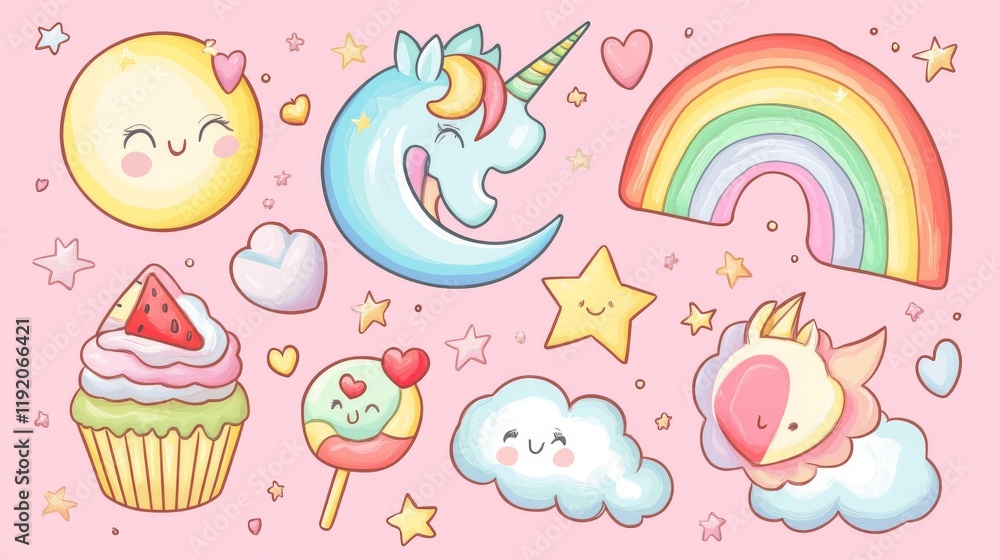 Cute kawaii sticker collection featuring pastel cartoon characters ...