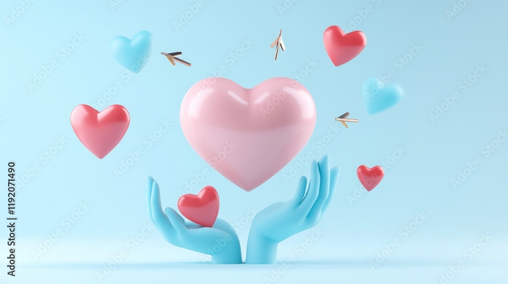 love themed 3d icon pack, burning heart animation style, delicate hand gestures holding hearts ...