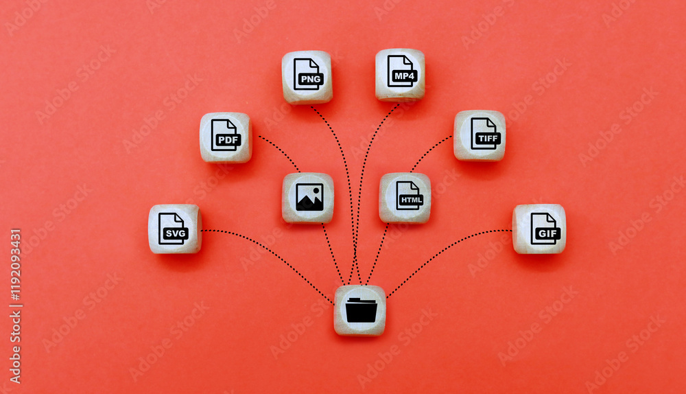 Tag wood with icons of 6 types of image files namely JPEG, PNG, GIF ...