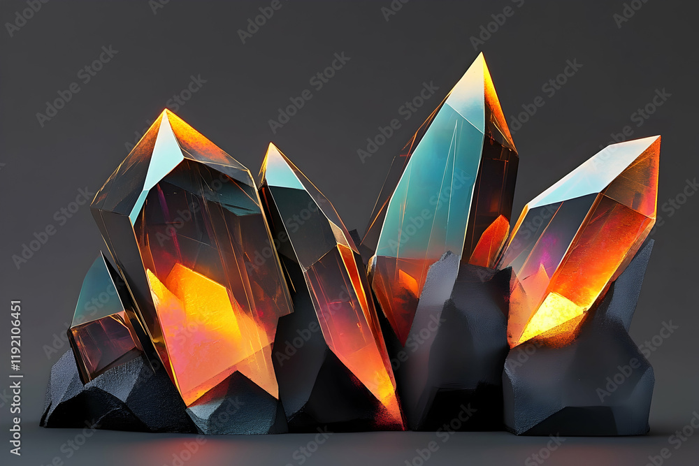 Sharp-edged 3D polygons stacked in a futuristic arrangement, with ...