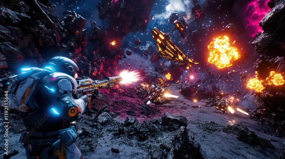Epic space battle featuring armored astronaut and Spaceships in ...