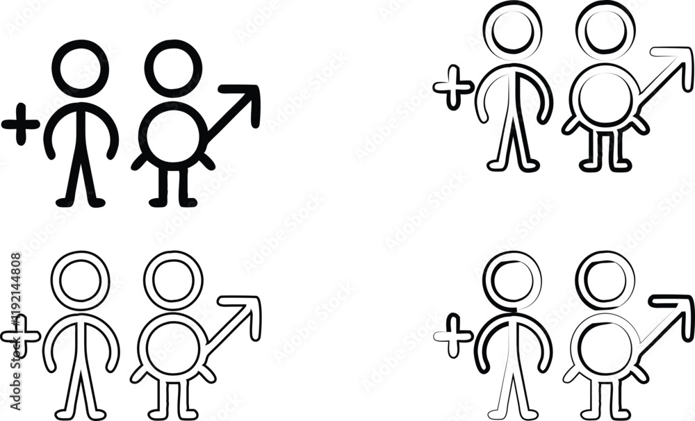 Minimalist restroom signs, stick figure icons, male and female symbols ...