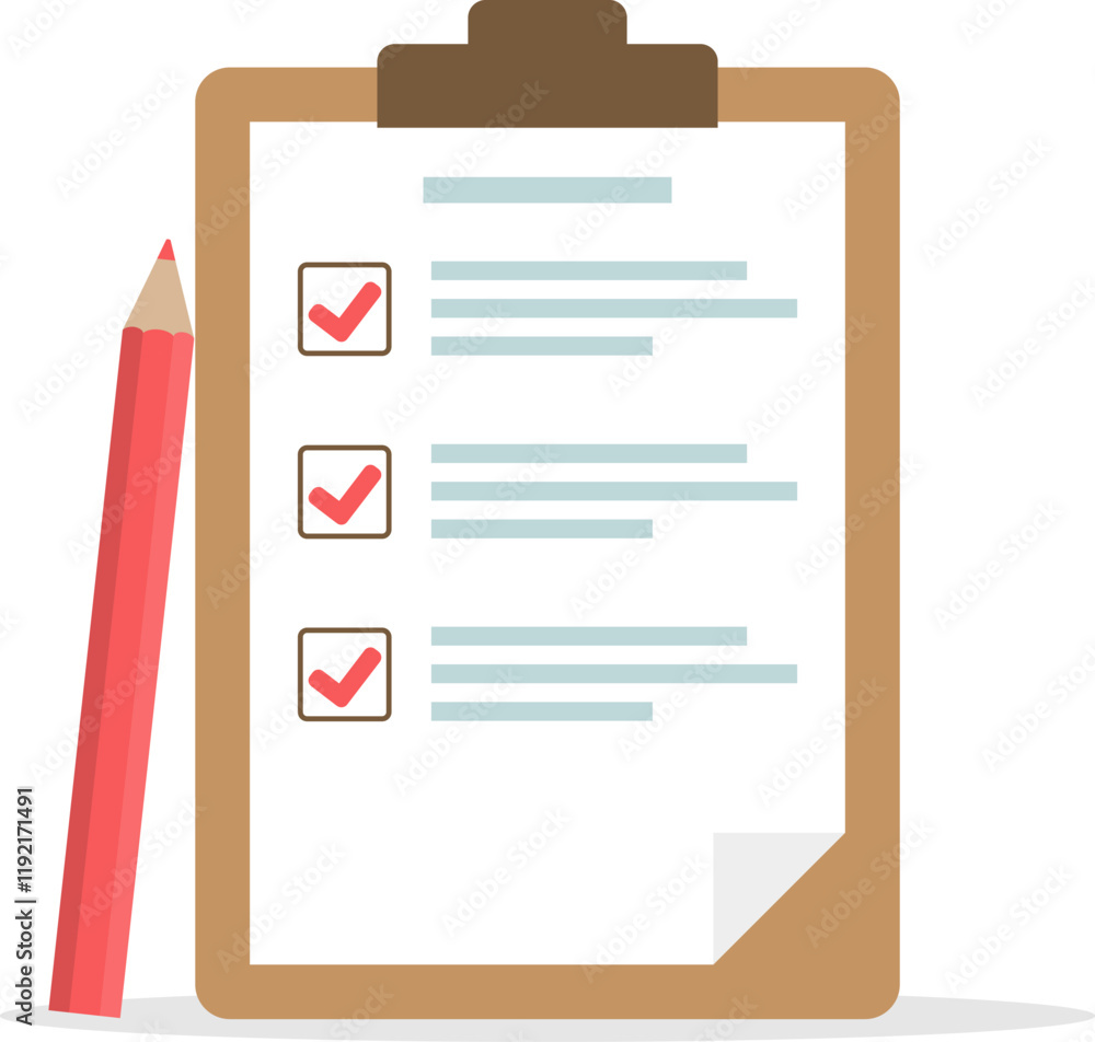 Clipboard, clipboard icon with completed tasks and a big red pencil ...