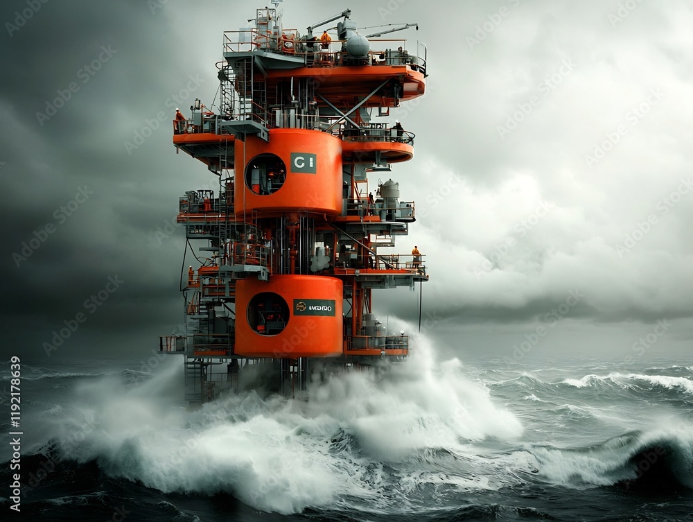 Dramatic Offshore Oil Rig amid Churning Ocean Waves and Cloudy Sky ...