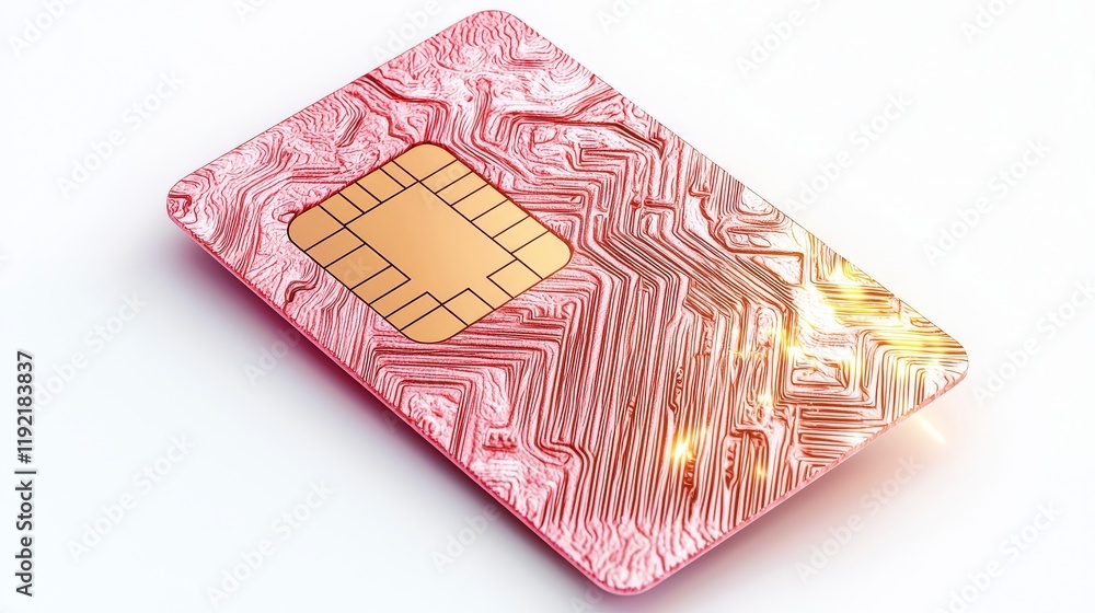 Abstract close-up of a pink SIM card with a gold contact area on a ...
