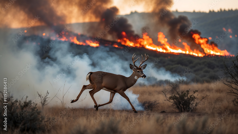 deer fleeing from wildfire, surrounded by smoke and flames, captures ...
