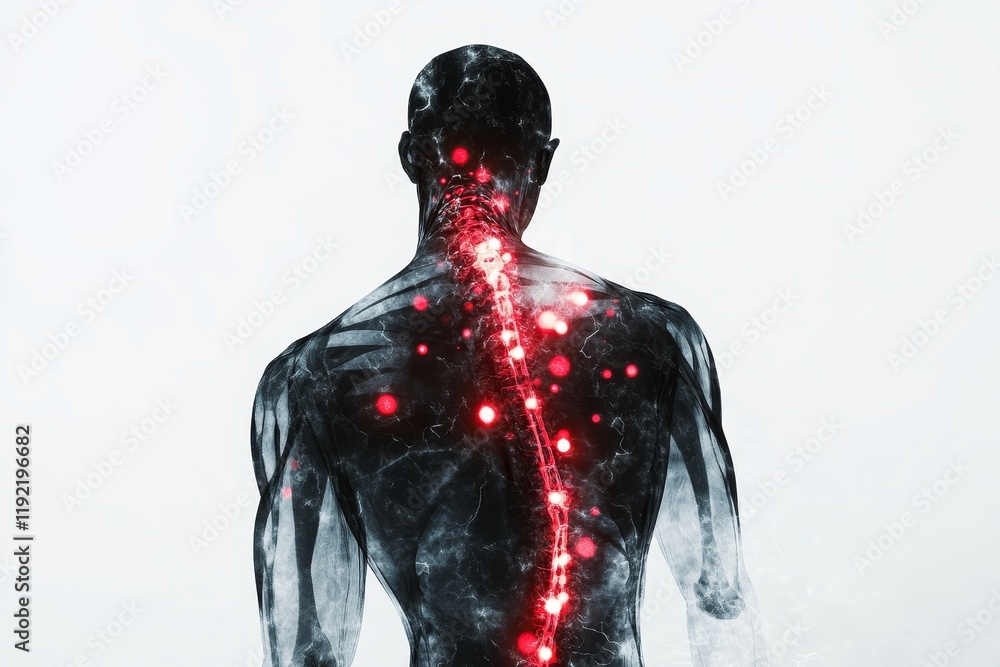 X ray of human body displaying red pain points on back, neck, and legs ...