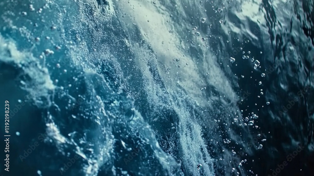 Cinematic underwater photography of ocean surface with bubbles and ...