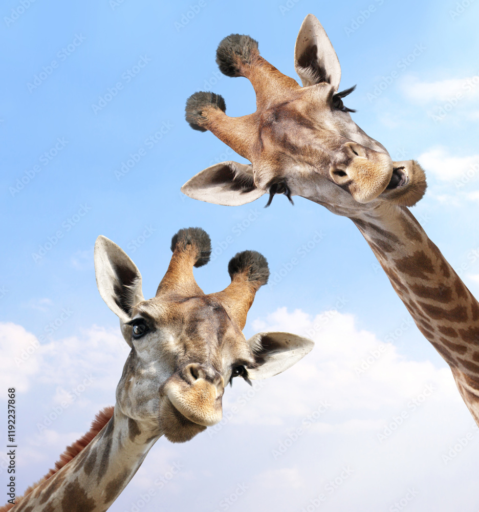 Two curious giraffes peeks from above. Cute giraffe with open mouth ...