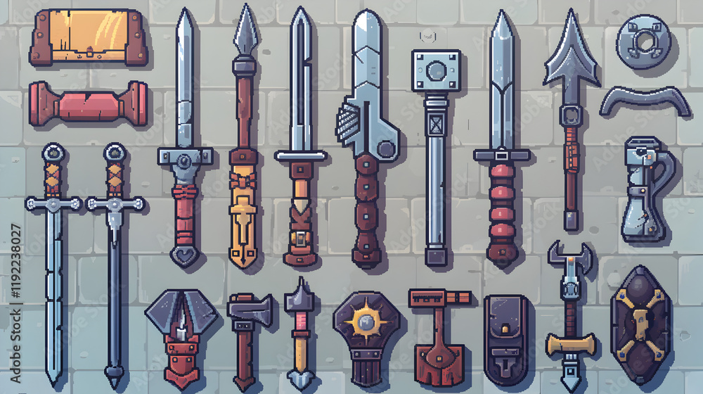 Pixel Art Weapon Set Swords Axes Spears Shields Game Assets Stock Illustration | Adobe Stock