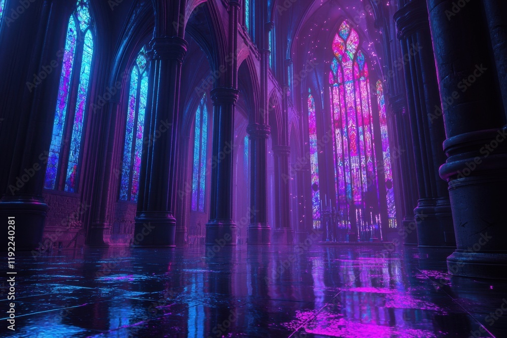 Neon Gothic Cathedral Interior with Stained Glass and Ethereal Light ...