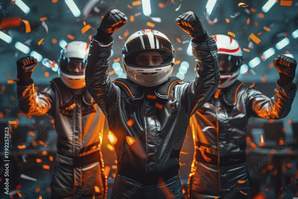 Victorious racers celebrate in dynamic race car arena with confetti and ...