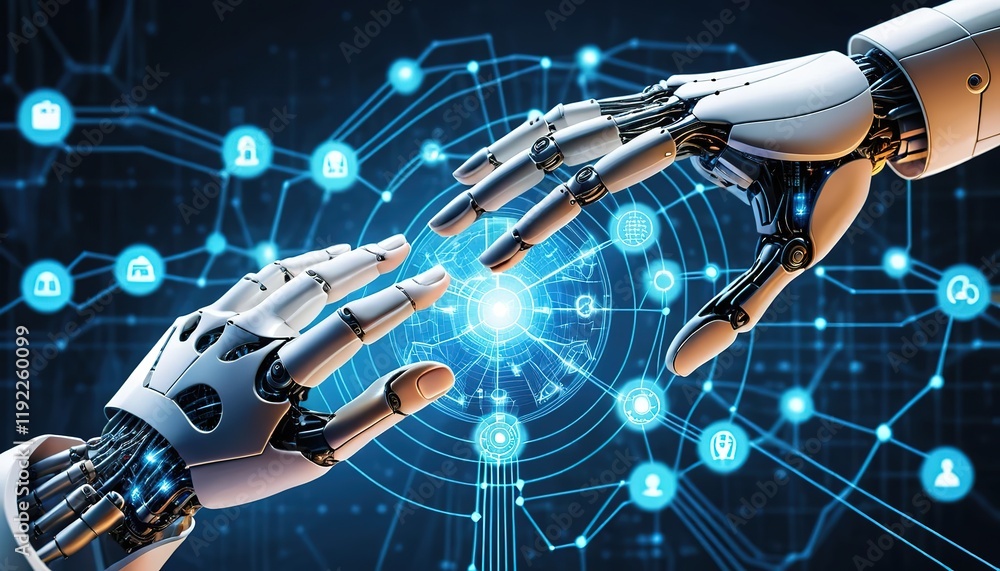 AI, Machine learning, Hands of robot and human touching on big data network connection ...