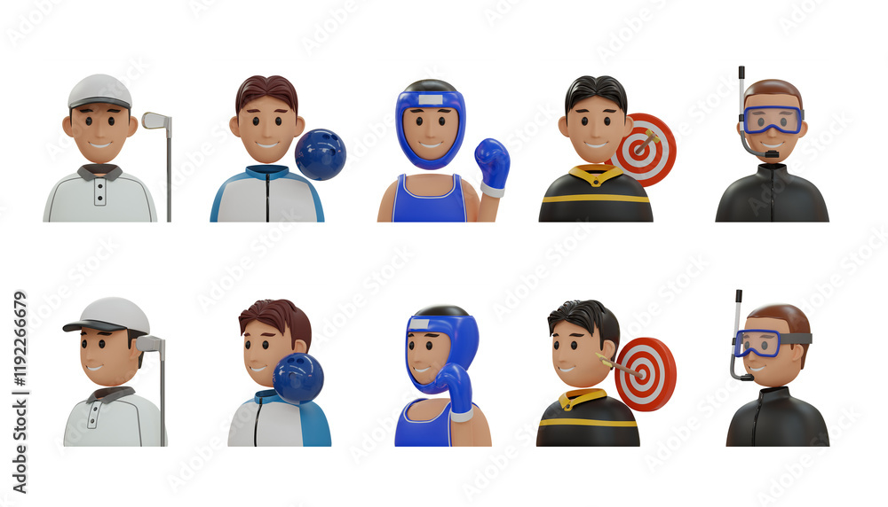 sports avatars featuring male characters in golf, bowling, boxing ...