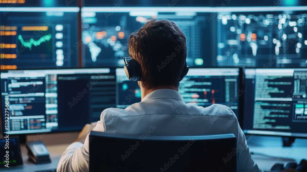 Cybersecurity Analyst Monitors Multiple Screens Displaying Data Graphs And Global Maps In High
