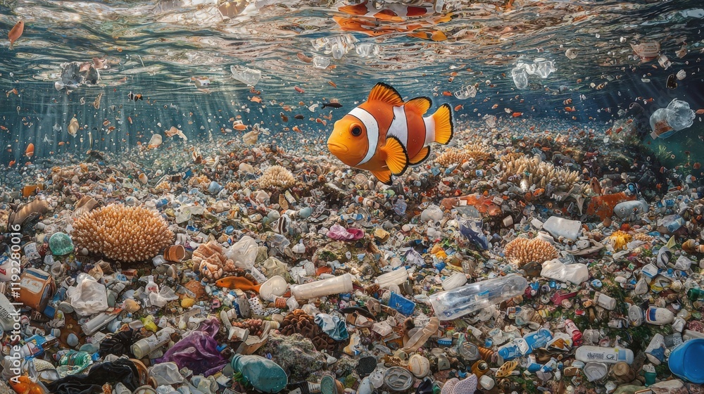 A clownfish swims amidst a sea of plastic waste, highlighting the ...