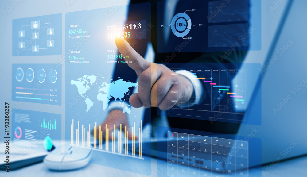 Businessman using KPI dashboard.Financial business data analytics graph ...