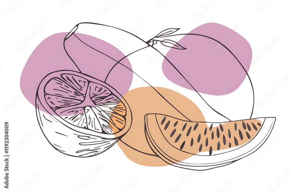 Drawing of a watermelon and an orange. Isolated, on transparent ...