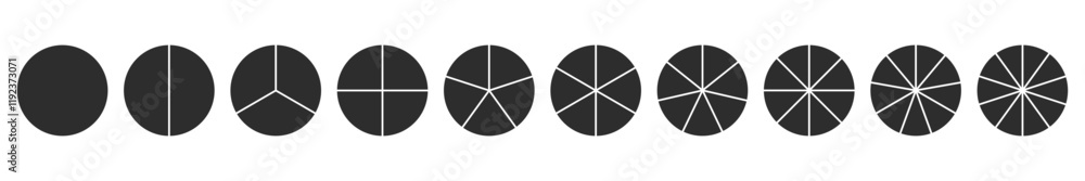 Wheel diagram divided from 1 to 10 parts silhouette, Pie chart infographic circle divided into ...