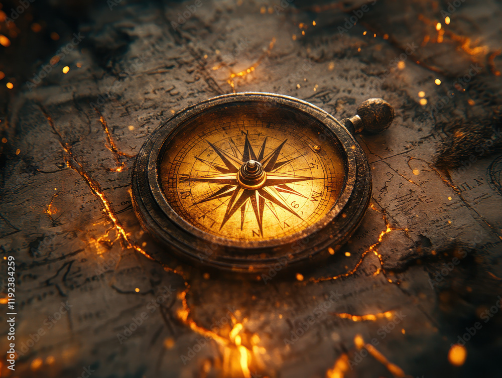 Compelling compass resting on an ancient map with glowing details in a ...