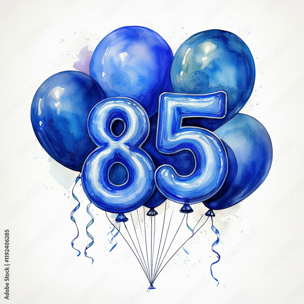 Blue birthday / anniversary party balloon, number 85, watercolor ...