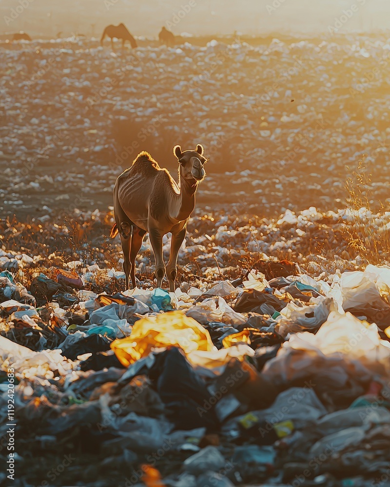 A lone camel stands amidst a vast expanse of plastic waste at sunset ...