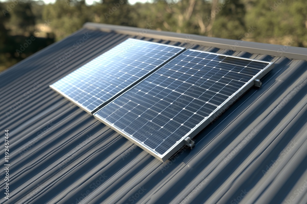 Solar panel installation on metal rooftop with clear sky and sunlight ...