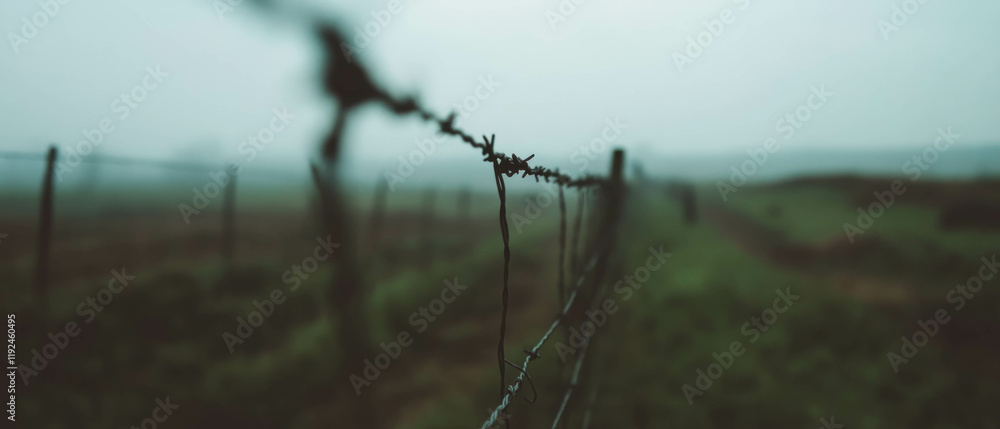 Desolate landscape with empty trenches and barbed wire in an abandoned ...