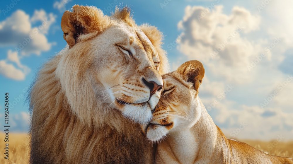 Lions embracing in serene landscape, showcasing love and connection ...