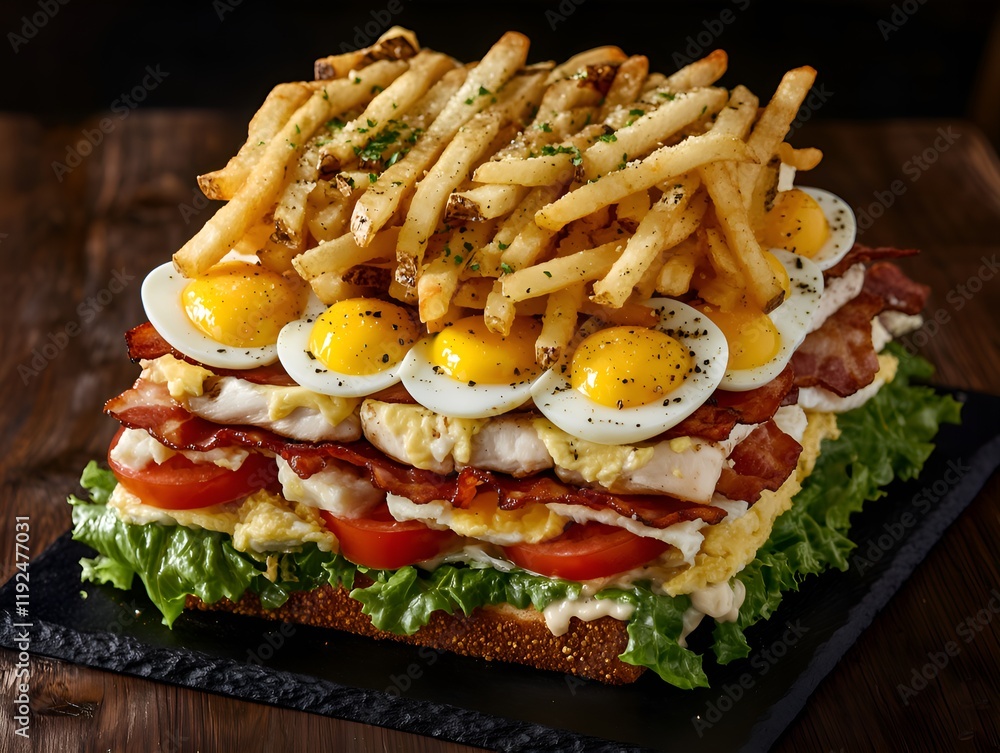 Giant club sandwich with egg, tomatoes, French fries, chicken fillet ...
