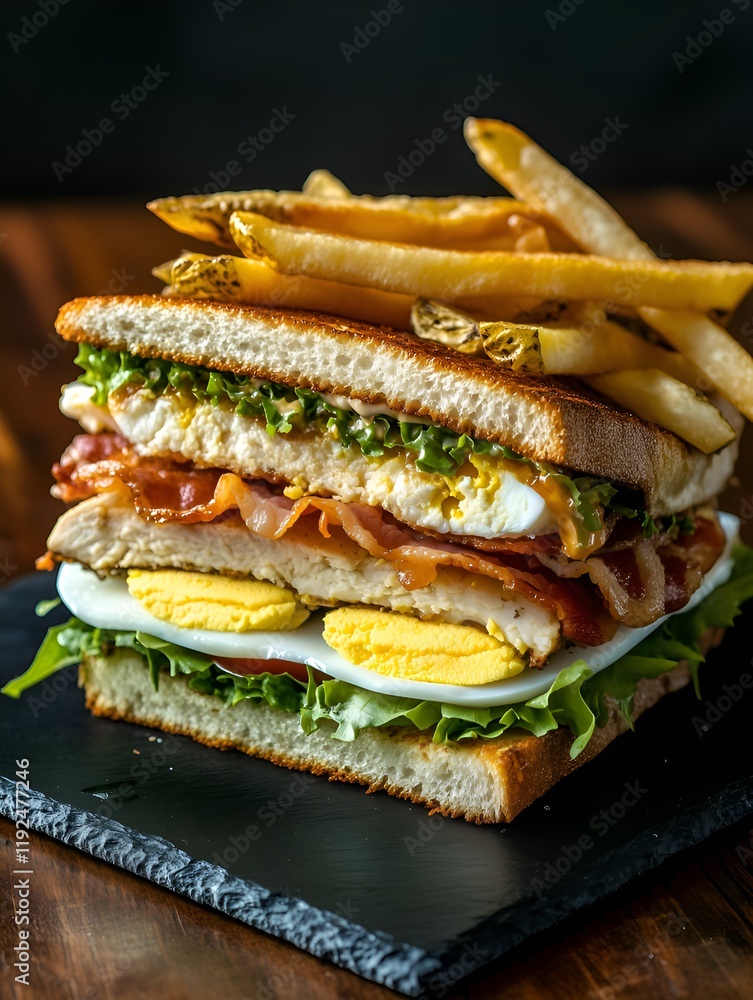 Giant club sandwich with egg, tomatoes, French fries, chicken fillet ...