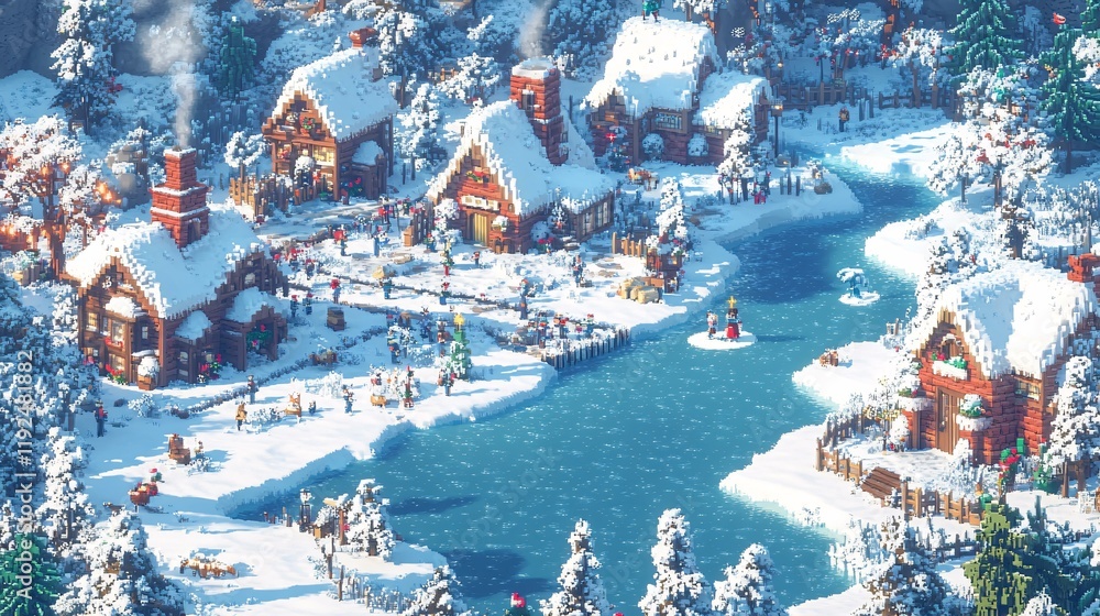 A detailed 3D pixel art depiction of a snowy winter village with ...