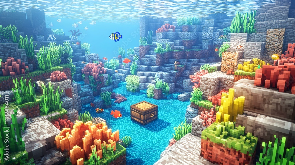 A vibrant 3D pixel art depiction of an underwater world with blocky sea ...