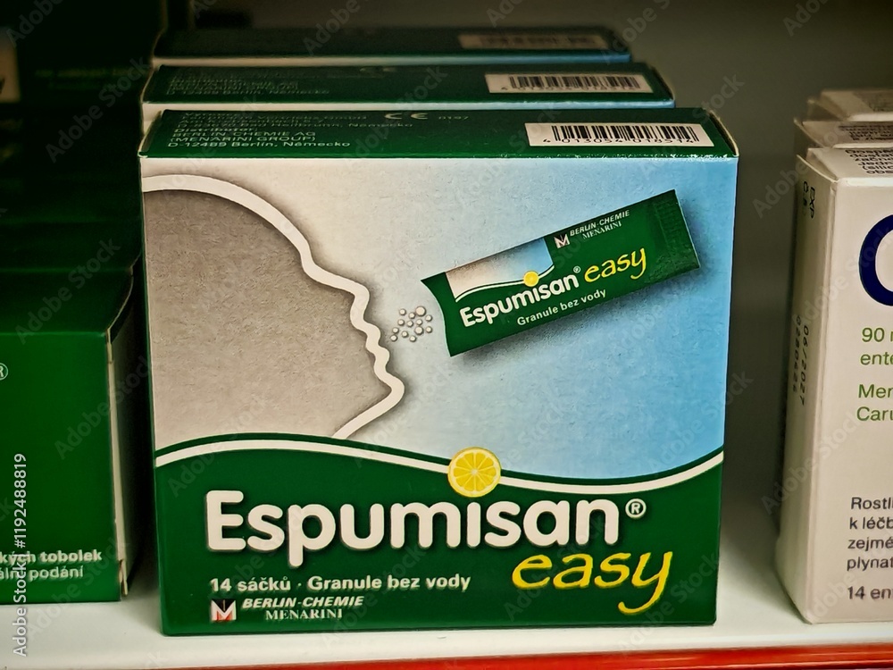 Prague,Czech Republic-January 8 2025: ESPUMISAN EASY oral sachets with ...