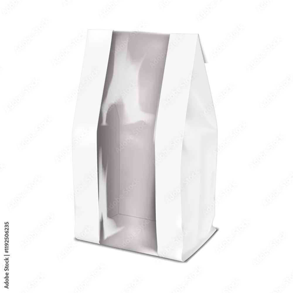 Blank white food paper bag with clear plastic line insert. Realistic 3d ...