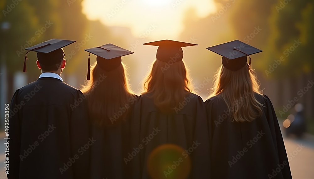 Students celebrating graduation in cap and gown are walking, view from ...
