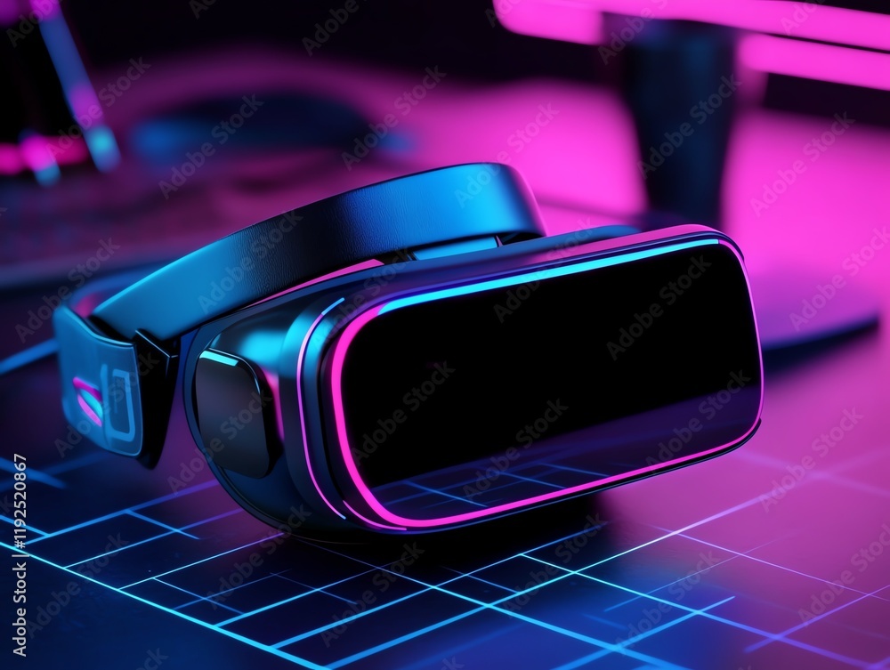 An 80s-inspired virtual reality system with holographic visor UI, vivid ...