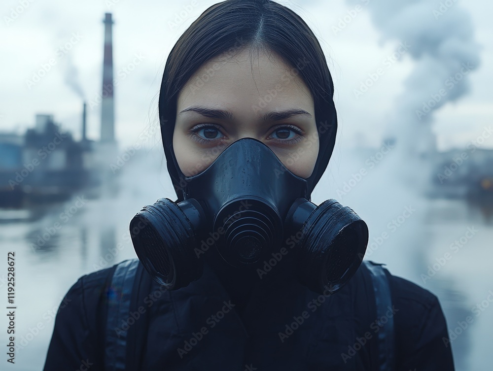 Young woman wearing a gas mask stands before an industrial backdrop, a ...