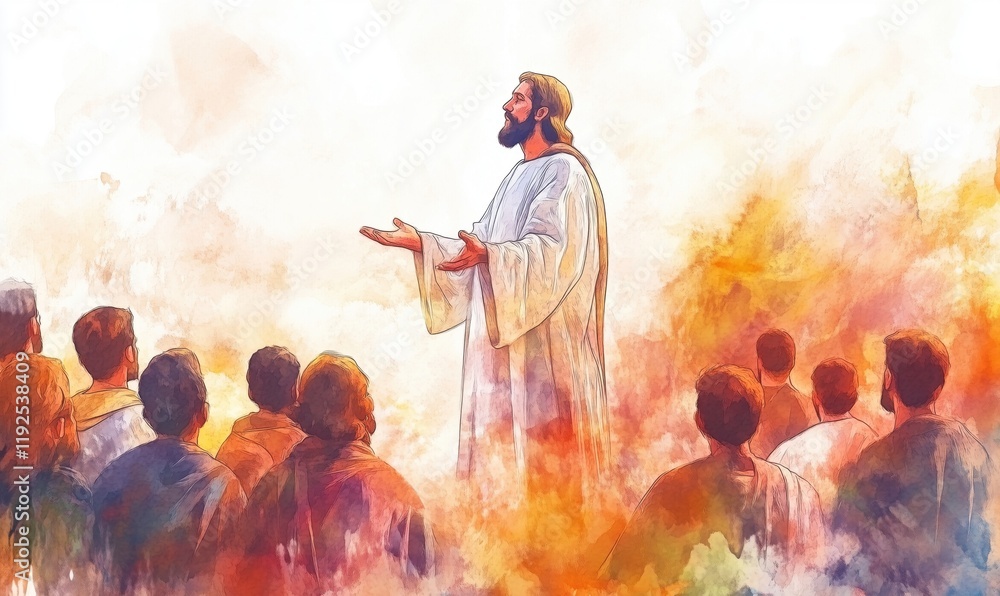 Jesus preaching to a diverse crowd, vibrant watercolor illustration ...