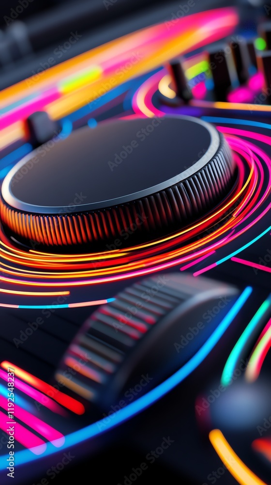 A layered holographic music display with neon glowing album covers ...