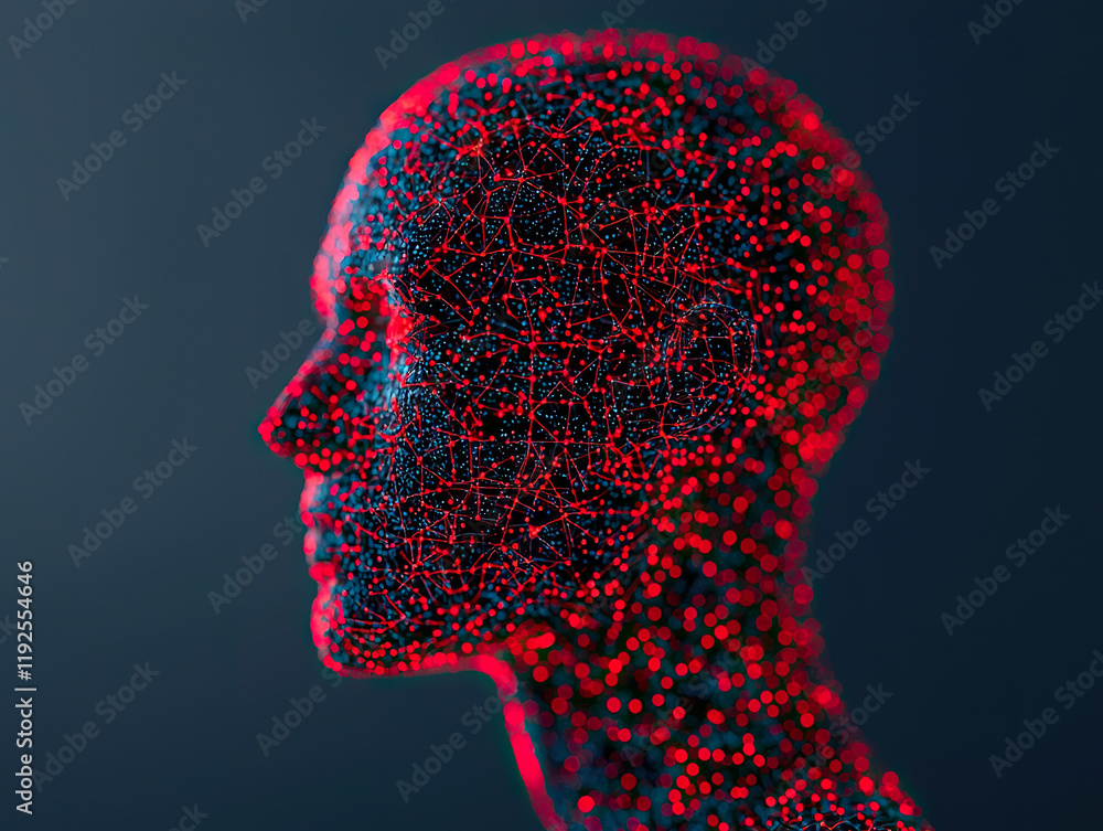 conceptual image of human head formed by glowing red and blue digital ...