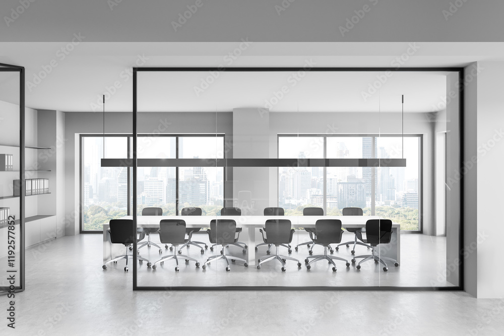 Modern conference room interior with large windows, cityscape view, and sleek design. 3D ...