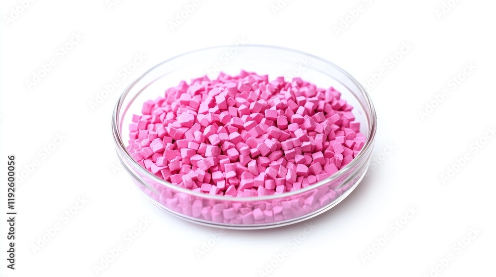 Pink masterbatch granules in laboratory dish for hot cutting pellet ...