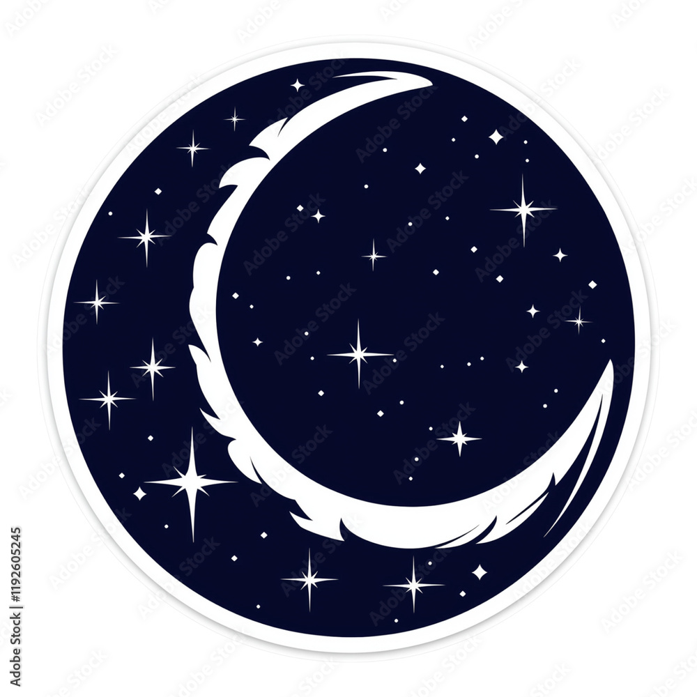 Sticker, a 2D glowing crescent moon with sparkling stars, bold white ...