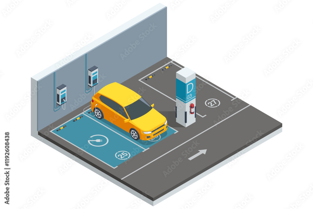 Isometric Electromobile charging station. Design of an electric car in ...