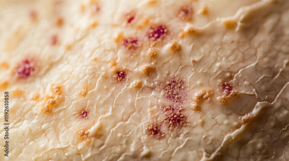 Macro view of inflamed eczema skin texture with reddish spots on light ...