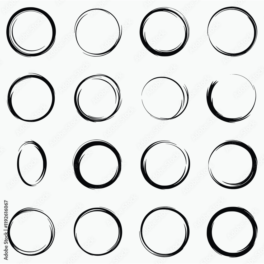 collection of diverse hand-drawn circles. Created with simple black ...