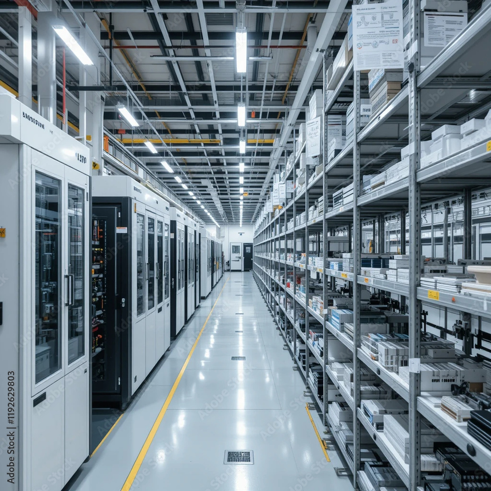 Here is a sleek and modern depiction of a factory interior, emphasizing ...