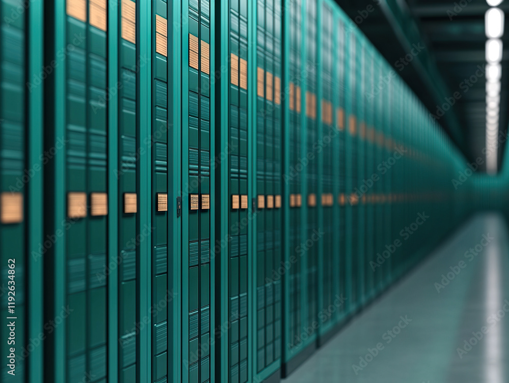 row of green server racks in modern data center with soft lighting and ...