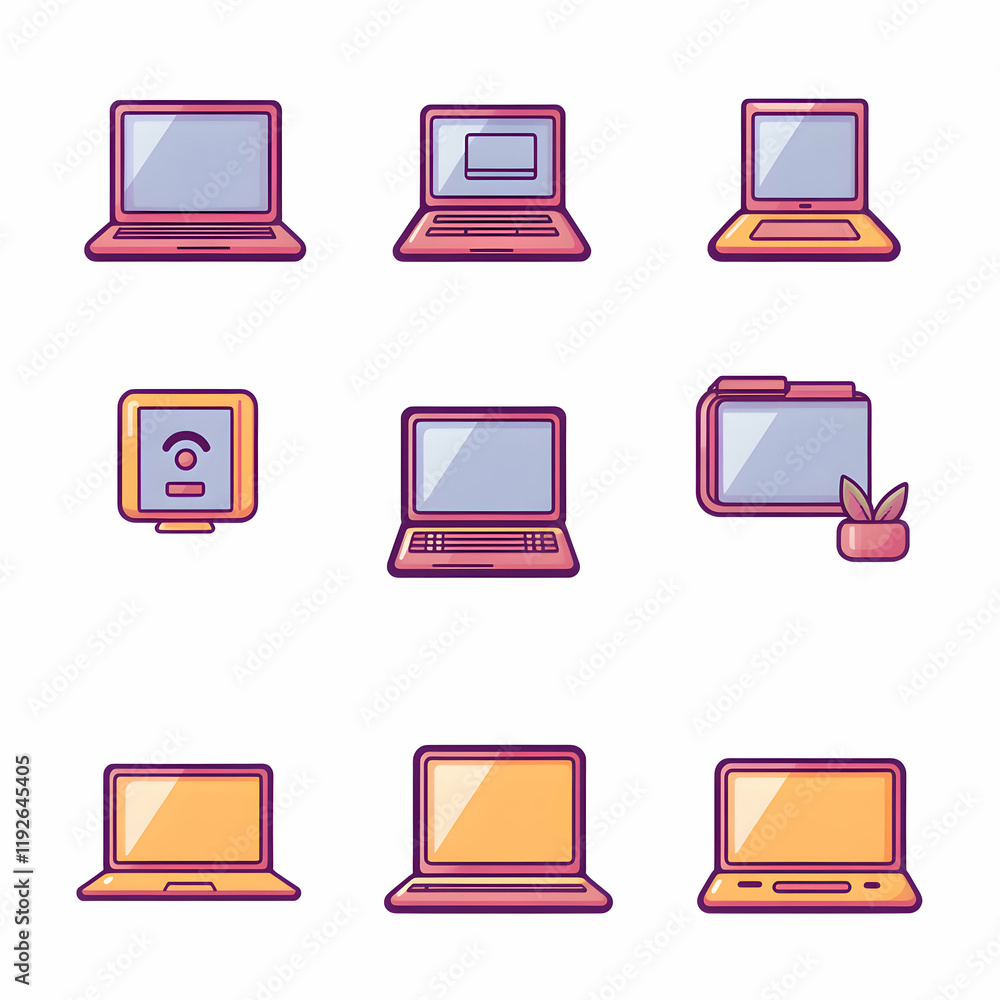 Collection of stylized laptop and screen icons with pastel color ...